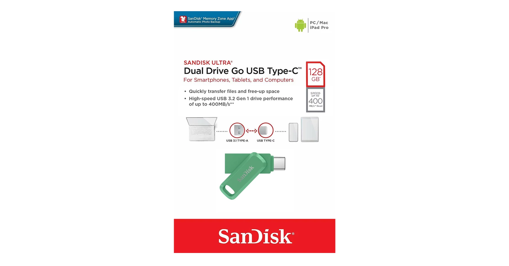 SANDISK ULTRA DUAL DRIVE GO PENDRIVE 128GB USB 3.1 [400MB/s] + Type C Zöld