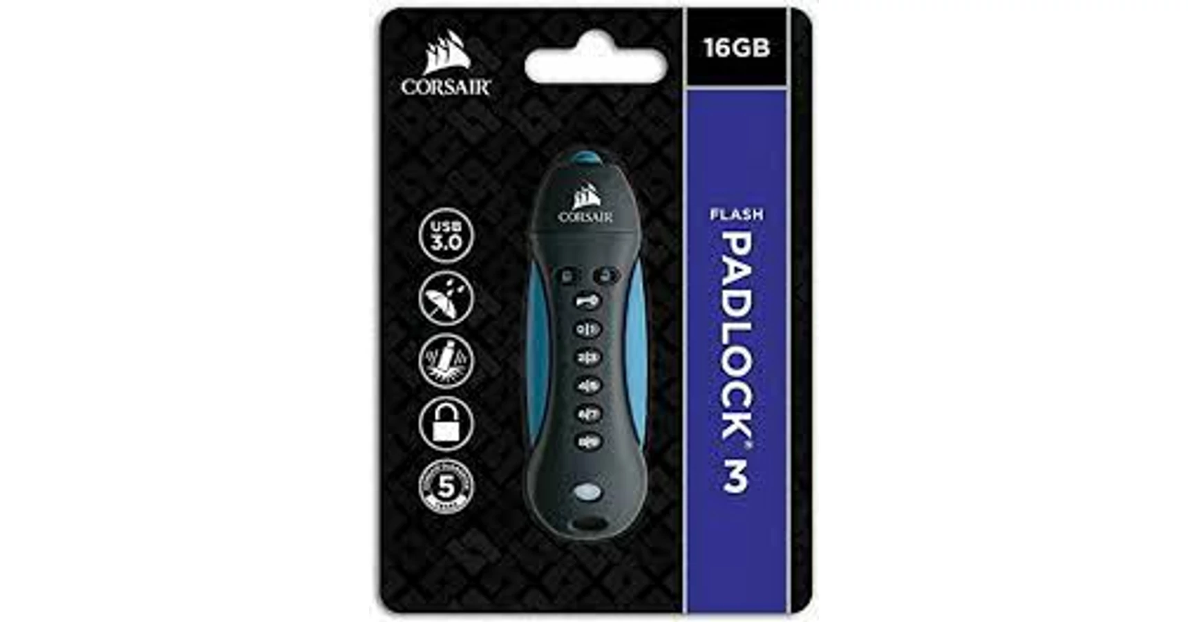 CORSAIR PADLOCK 3 PENDRIVE 16GB USB 3.0 256-bit AES titkosítás Fekete-Kék